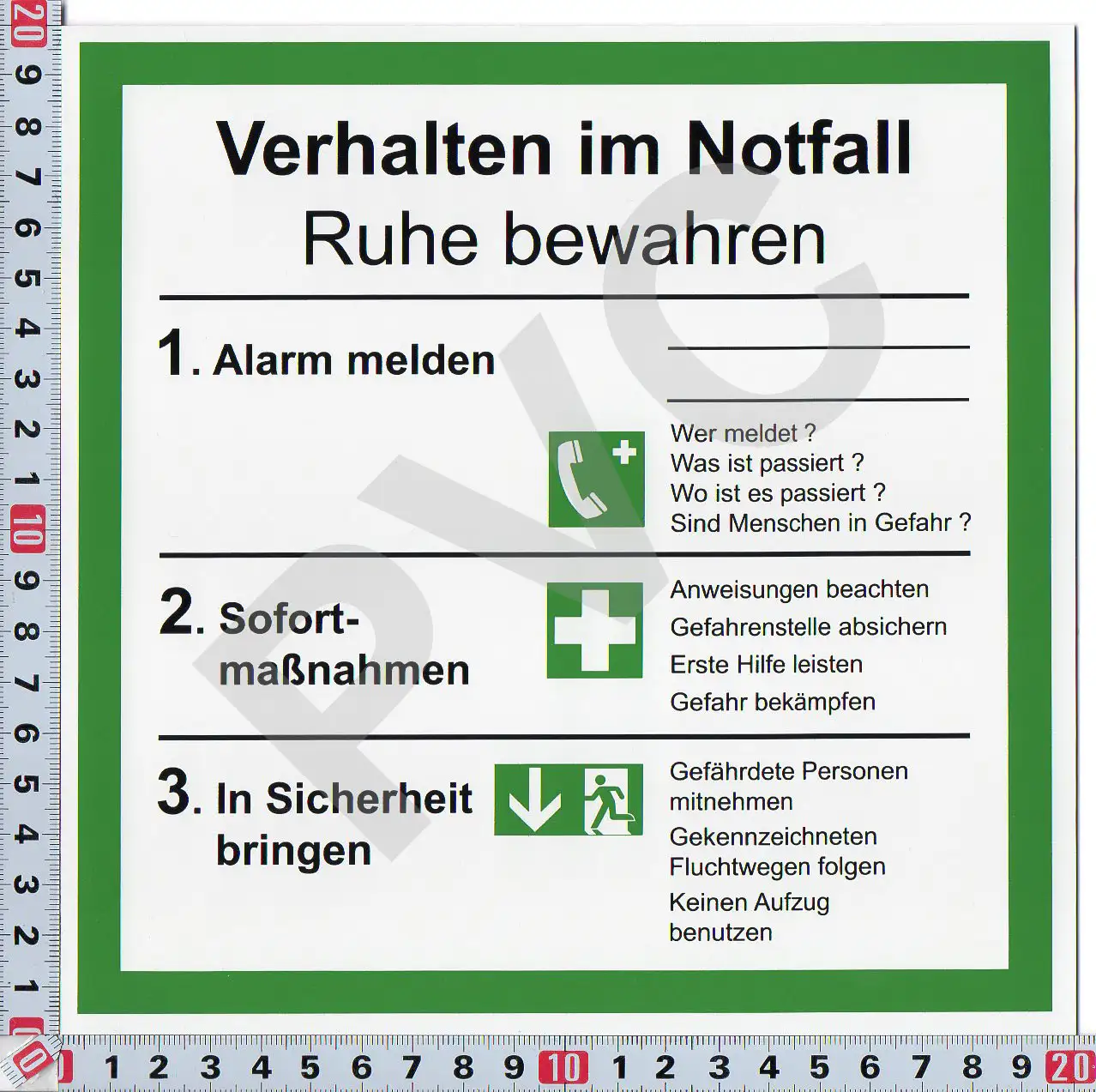 Verhalten im Notfall - PVC Hinweisschild, 20x20cm, 1mm stark (RAL 6032) | siebdruck-schilder24.de